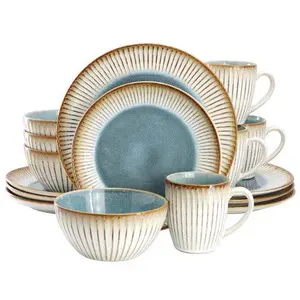 ELAMA Louann 16 Piece Stoneware Dinnerware Set Beige
