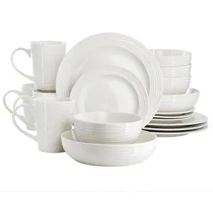 ELAMA Nikki 18 Piece Ribbed Porcelain Dinnerware And Serving Bowl Set - White