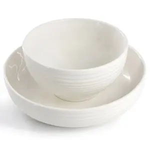 ELAMA Nikki 18 Piece Ribbed Porcelain Dinnerware And Serving Bowl Set
