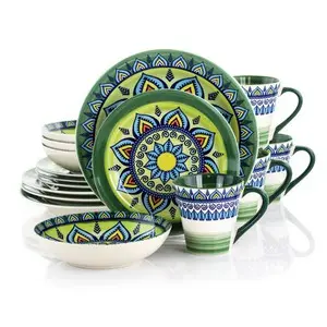 ELAMA Zen Mozaik 16 Piece Luxurious Stoneware Dinnerware With Complete Setting For 4 - Green