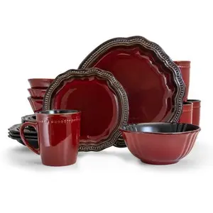 ELAMA Regency 16 Piece Luxurious Stoneware Dinnerware With Complete Setting For 4 - Black