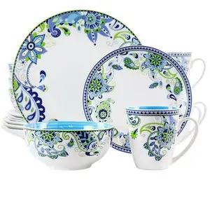 ELAMA Fiesta 16 Piece Round Porcelain Dinnerware Set - Blue