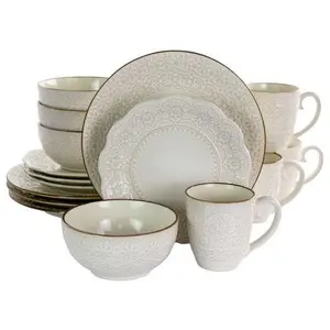 ELAMA Contessa 16 Piece Embossed Scalloped Stoneware Dinnerware Set - White