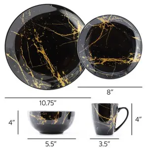 ELAMA Fine Marble 16 Piece Porcelain Dinnerware Set - Black