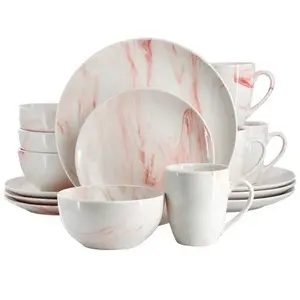 ELAMA Fine Marble 16 Piece Porcelain Dinnerware Set - Red