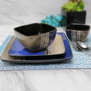 ELAMA Uptown Loft 16 Piece Double Bowl Stoneware Dinnerware Set With Service For 4