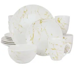 ELAMA Fine Marble 16 Piece Stoneware Dinnerware Set - White