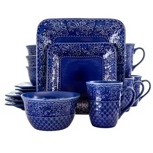 ELAMA Indigo Lotus 16 Piece Square Dinnerware Set - Blue