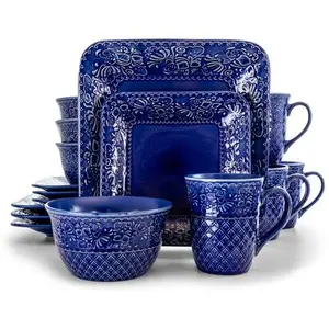 ELAMA Indigo Lotus 16 Piece Square Dinnerware Set