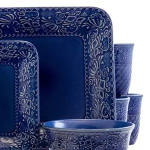 ELAMA Indigo Lotus 16 Piece Square Dinnerware Set