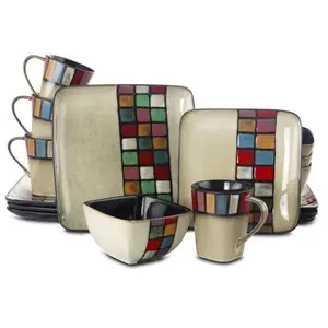 ELAMA Color Melange 16 Piece Multicolo Square Stoneware Dinnerware Set