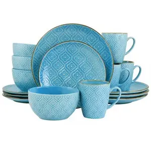 ELAMA Aqualite 16 Piece Embossed Stoneware Dinnerware Set - Teal
