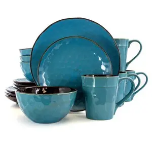 ELAMA Sea Glass 16 Piece Luxurious Stoneware Dinnerware With Complete Setting For 4 - Blue