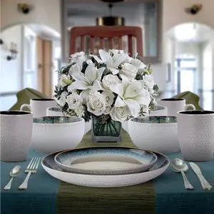 ELAMA Modern Dot 16 Piece Luxurious Stoneware Dinnerware With Complete Setting For 4