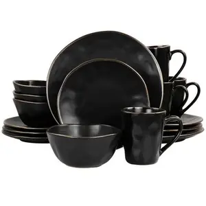 ELAMA Modern 16 Piece Stoneware Dinnerware Set - Black