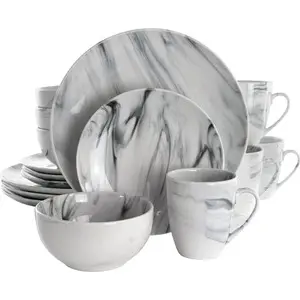 ELAMA Fine Marble 16 Piece Stoneware Dinnerware Set - White