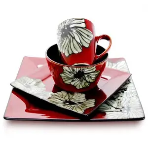 ELAMA Winter Bloom 16 Piece Square Stoneware Dinnerware Set