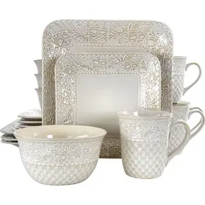 ELAMA Ivory Lotus 16 Piece Square Dinnerware Set - White