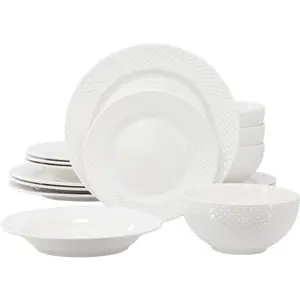 ELAMA Kim 16 Piece Hobnail Double Bowl Porcelain Dinnerware Set - White