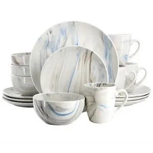 ELAMA Fine Marble 16 Piece Porcelain Dinnerware Set - Blue