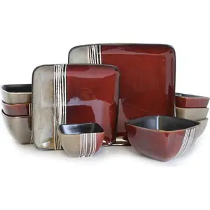 ELAMA Downtown Loft 16 Piece Double Bowl Stoneware Dinnerware Set With Service For 4 - Red