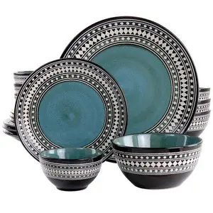 ELAMA Sage 16 Piece Double Bowl Stoneware Dinnerware Set - Blue
