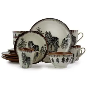 ELAMA Majestic Wolf 16 Piece Luxurious Stoneware Dinnerware With Complete Setting For 4 - Beige