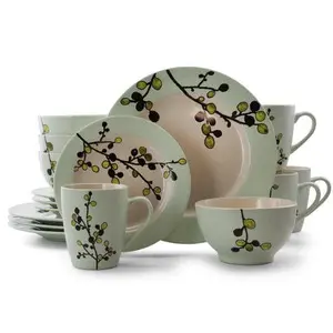 ELAMA Retro Bloom 16 Piece Luxurious Stoneware Dinnerware With Complete Setting For 4 - Green