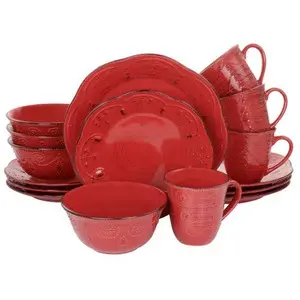 ELAMA Rustic Birch 16 Piece Stoneware Dinnerware Set - Red