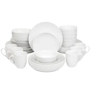 ELAMA Iris 32 Piece Porcelain Dinnerware Set With 2 Large Serving Bowls - White
