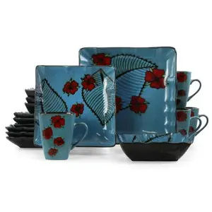 ELAMA Aloha Tide 16 Piece Luxurious Stoneware Dinnerware With Complete Setting For 4 - Blue