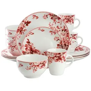ELAMA Traditional Rose 16 Piece Stoneware Dinnerware Set