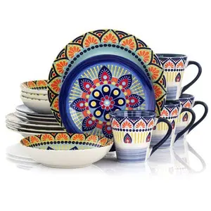 ELAMA Zen Mozaik 16 Piece Luxurious Stoneware Dinnerware With Complete Setting For 4 - Blue