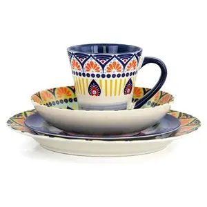 ELAMA Zen Mozaik 16 Piece Luxurious Stoneware Dinnerware With Complete Setting For 4 - Blue