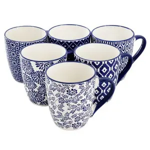 ELAMA Declan 6 Piece 12 Ounce Assorted Design Stoneware Mug Set - Blue