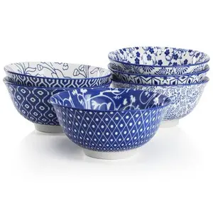 ELAMA Moxy 6 Piece Assorted Design 20oz Porcelain Footed Bowl Set - Blue