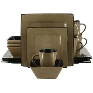 GIBSON ELITE Kiesling 16 Piece Hard Square Stoneware Dinnerware Set - Beige