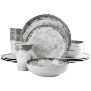 GIBSON ELITE Organic Decal 16 Piece Melamine Dinnerware Set - Grey