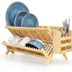 MEGACHEF 2 Tier Collapsible Kitchen Wood Drying Dish Rack - Bamboo