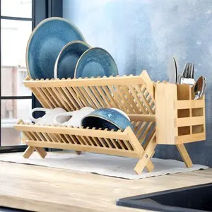 MEGACHEF 2 Tier Collapsible Kitchen Wood Drying Dish Rack