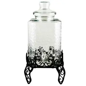 GIBSON HOME Moreauville 3 Piece 2.25 Gallon Square Embossed Glass Beverage Dispenser With Wire Stand - Clear
