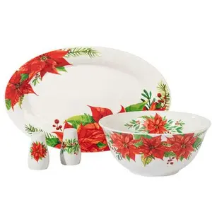 GIBSON HOME 4 Piece Ceramic Serving Set With Poinsettia Decorations - Red