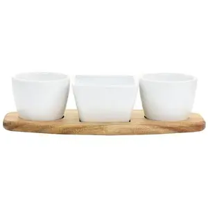 GIBSON ELITE Gracious Dining 4 Piece Fine Ceramic Tidbit Dish Set With Acacia Wood Base - White