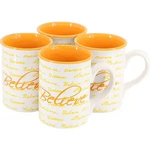 GIBSON HOME Inspirational Words Believe 4 Piece 16 Ounce Stoneware Mug Set - Orange