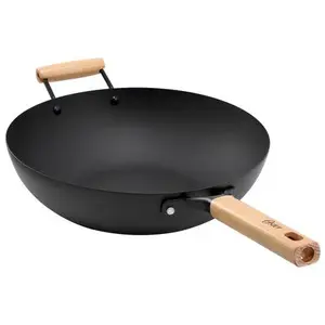 OSTER Northcliffe 13.5 Inch Round Carbon Steel Flat Base Wok With Wooden Handles - Black
