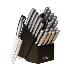 OSTER Baldwyn 22 Piece Stainless Steel Cutlery Set With Stainless Steel Handles And Wooden Block - Silver
