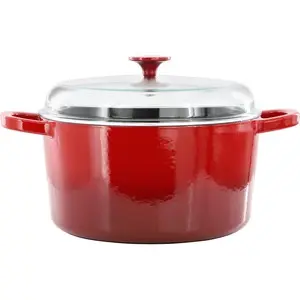 CROCK POT 7 Quart Enameled Cast Iron Dutch Oven With Borosilcate Lid - Red
