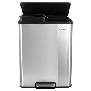 ELAMA 60 Liter 2 Compartment Large 8 Gallon Split Stainless Steel Step Trash Bin With Slow Close Mechanism - Silver