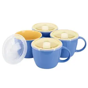 GIBSON HOME On The Go 4 Piece 25 Ounce Stoneware Soup Cup Set With Lid - Blue
