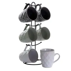 ELAMA Diamond Waves 6-piece 12 Oz. Mug Set With Stand - White